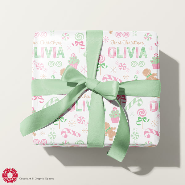 Pastel Christmas Candy Wrapping Paper, Personalized Name Baby's First ...