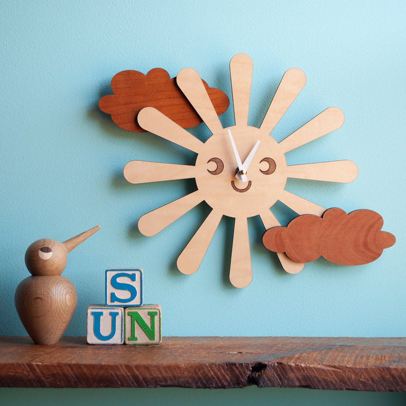 Happy Sun Wooden Wall Clock | Baby Nursery Kids Decor | Graphic Spaces
